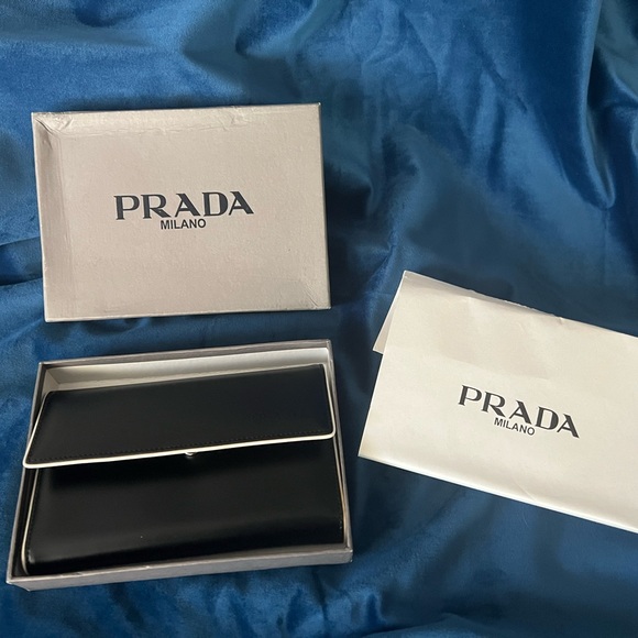 Prada | Bags | Authentic Prada Milano Trifold Wallet Black With White ...